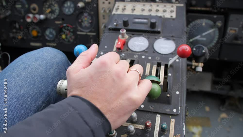 Dashboard of the old An-2 aircraft. Pilot push thrust lever handle for ...