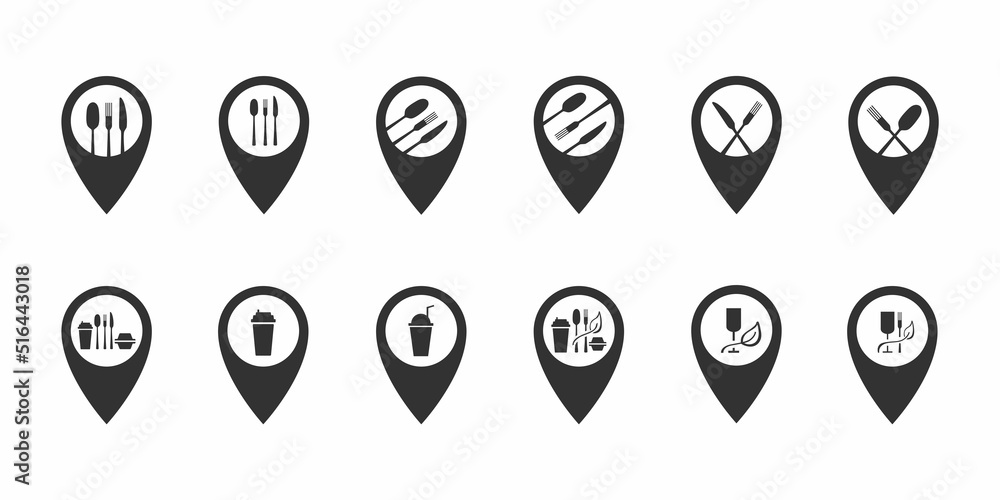 Food destination point set. Fast food and take away symbol for location ...