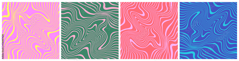 Set of Wavy Seamless Trippy Patterns in Psychedelic Colors. Abstract ...