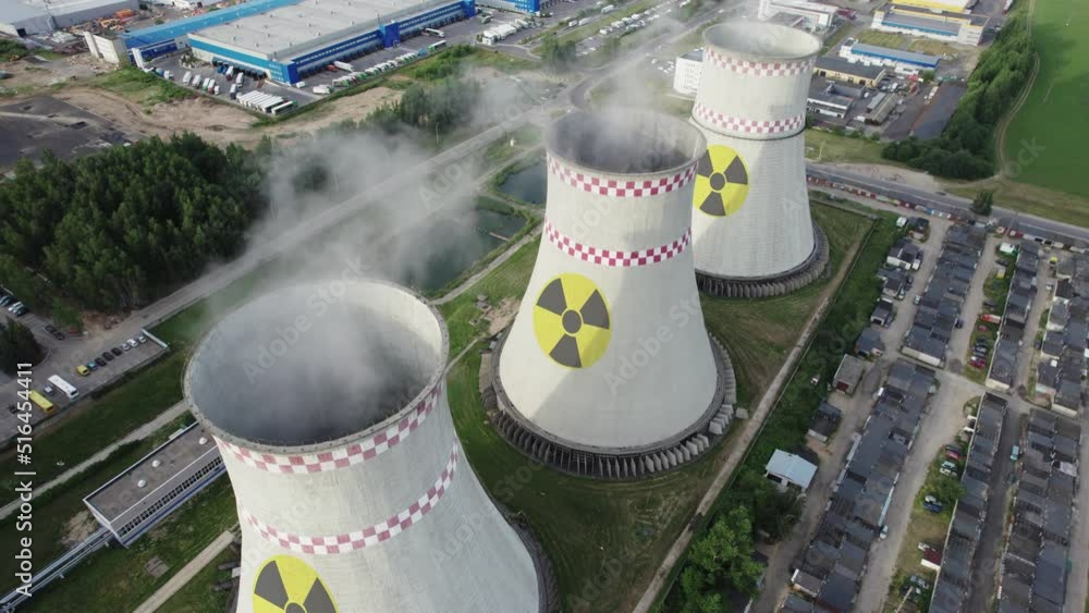 Aerial view to nuclear power plant. Nuclear power plant cooling towers ...