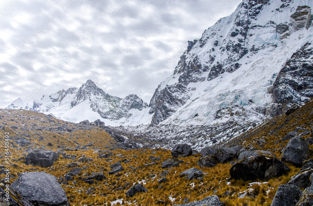 View of mount Salcantay with glacier and clouds - Salcantay trek ...