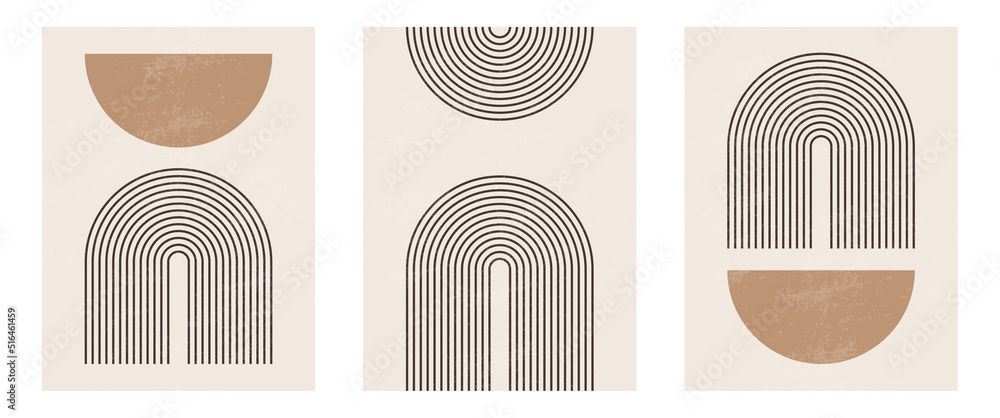 Set of Mid century modern minimalist art print with organic natural shape. Abstract contemporary ...