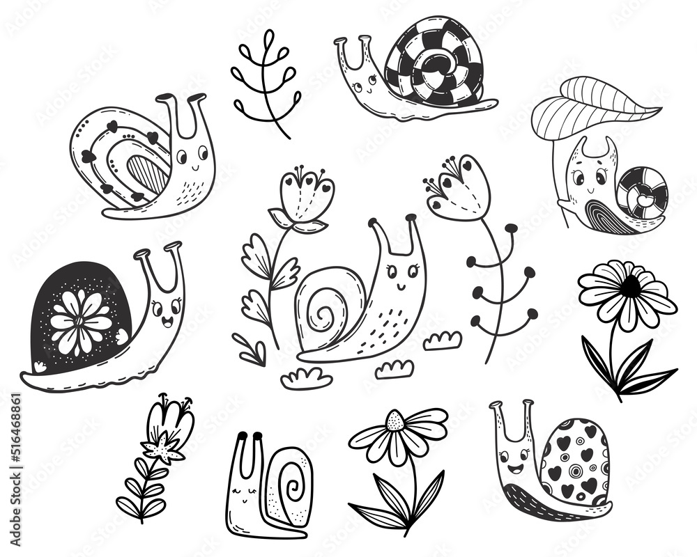 Collection of cute snails and decorative flowers. Linear hand drawn ...
