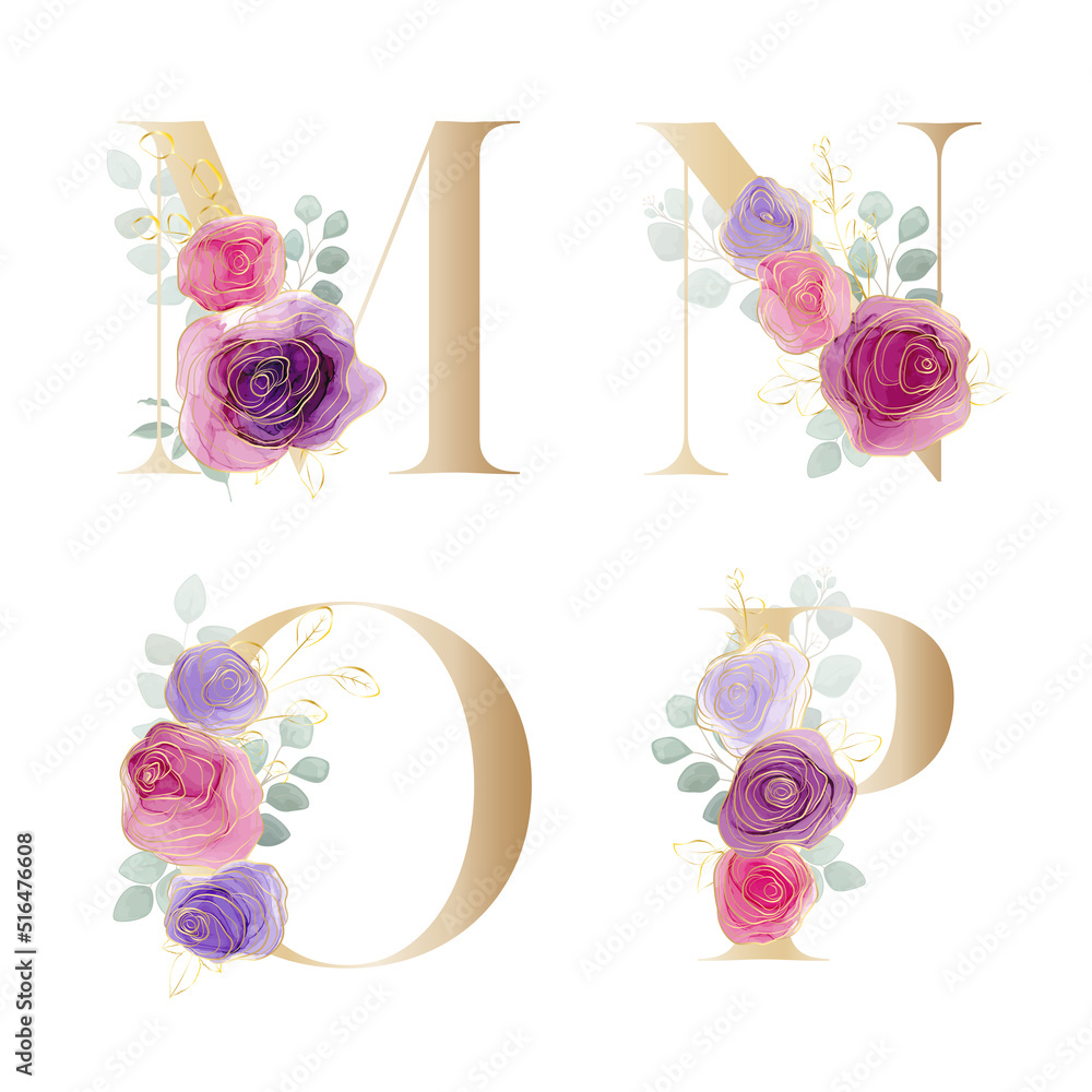 Floral Alphabet. Set letters with the botanical bouquet. Vector ...