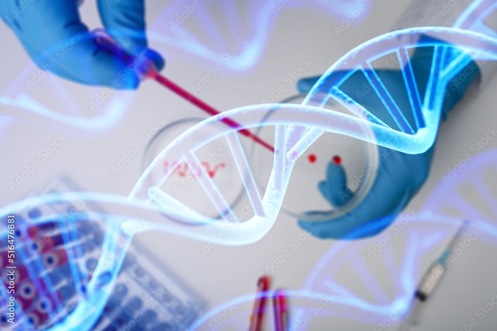 Scientist with virtual screen with data scientific at genetic ...