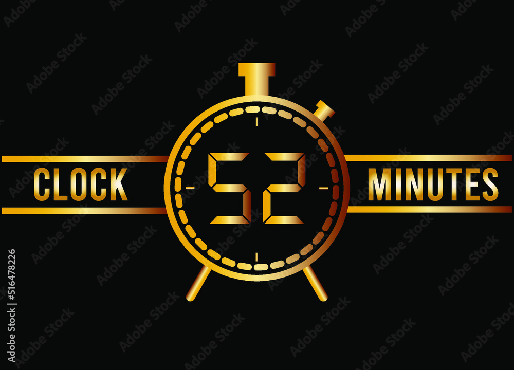 52 minutes clock gold isolated on black background. Watch, timer and ...