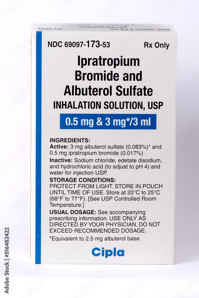 Davis, CA, July 9, 2022. Box of Ipratropium Sulfate and albuterol ...