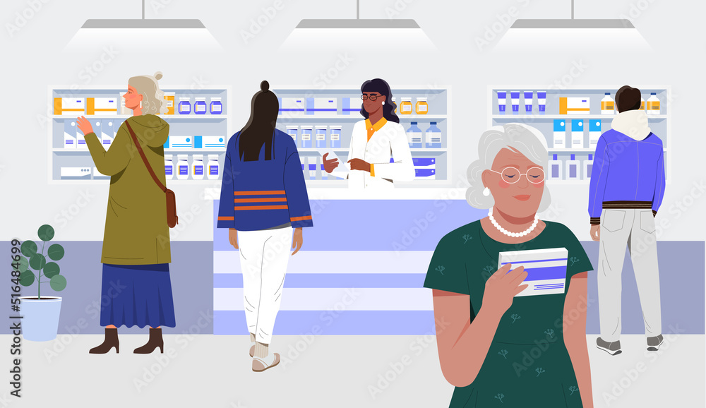 Concept of pharmacy or drugstore. Young pharmacist girl stands behind ...