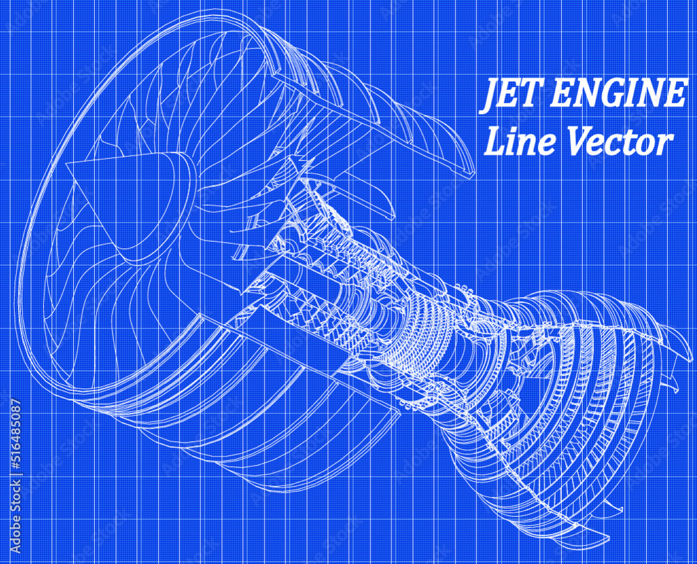 Jet engine isometrics on blue graph paper. Vector line illustration ...