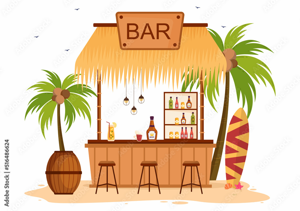 Tropical Bar or Pub in Beach with Alcohol Drinks Bottles, Bartender ...