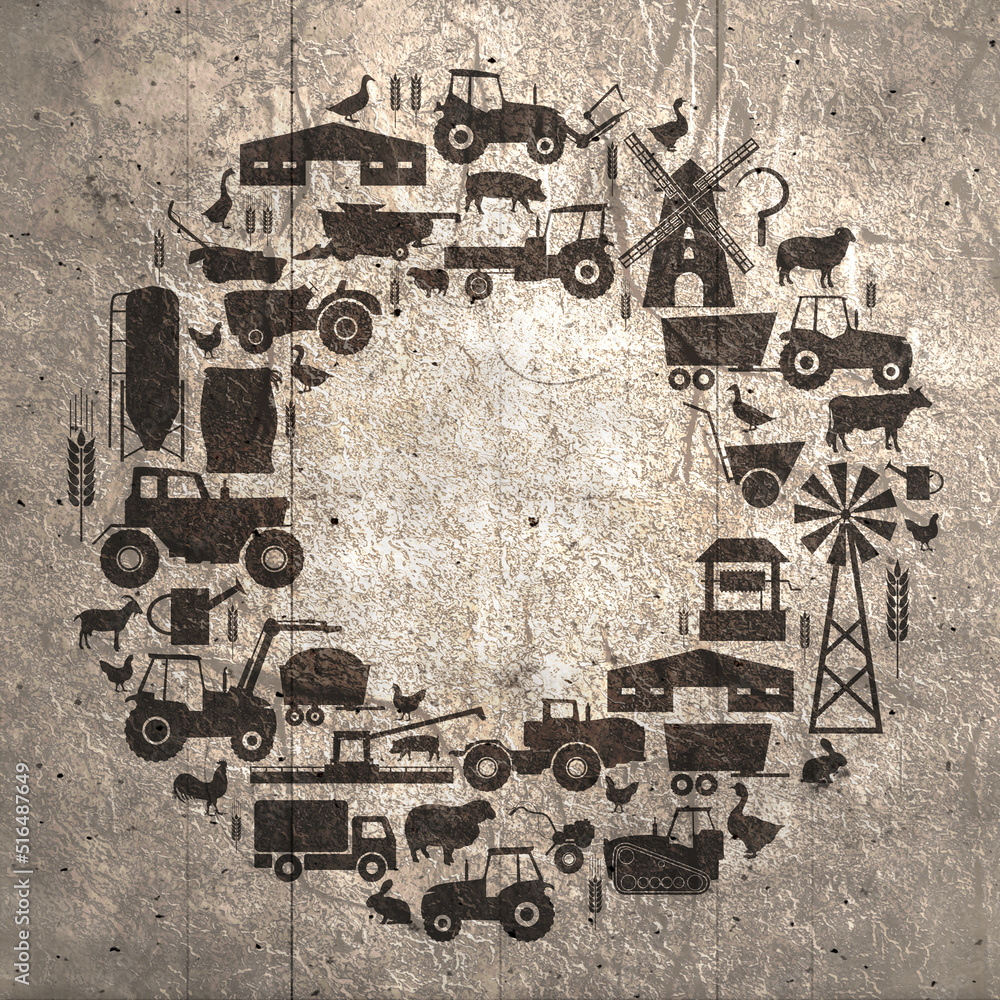 Circle frame with icons of agriculture and farming. Illustration or ...