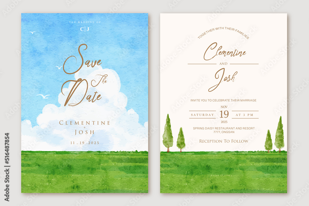 Watercolor blue sky big cloud landscape background wedding invitation ...