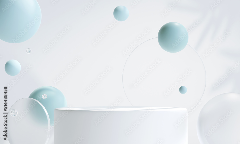 3D cylinder pedestal podium with floating spheres for product presentation background, Minimal ...