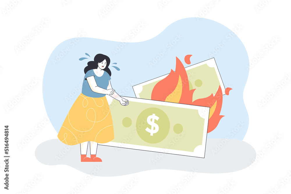 Woman crying over burning cash dollar bills. Problem of money loss and ...