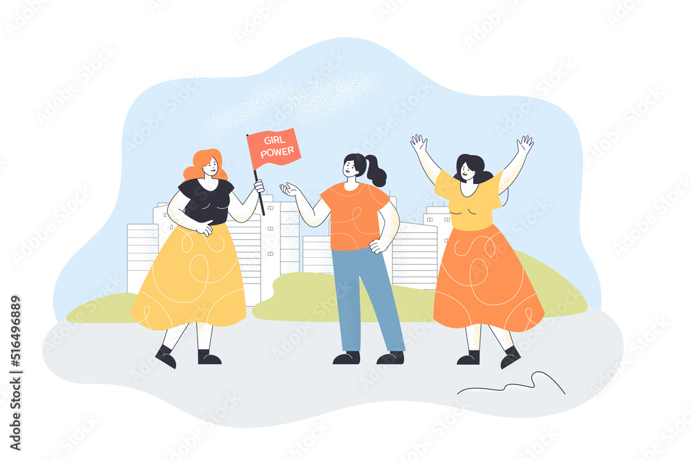 Strong women marching with girl power flag. Group of young female ...