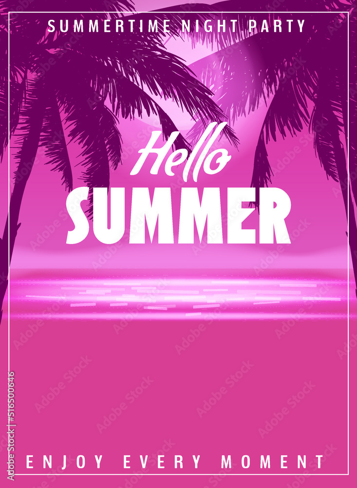 Hello Summer party poster design template, flyer. Summertime beach ...