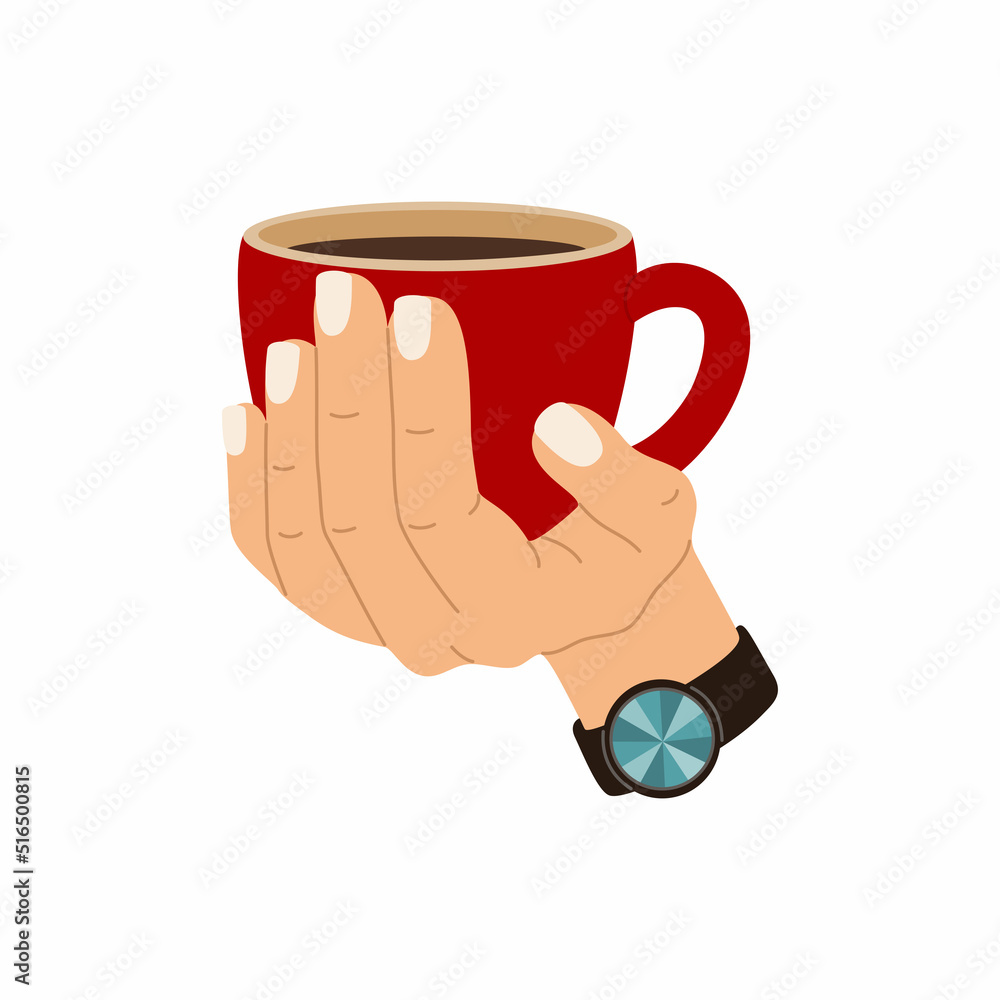 Woman hand holding a ceramic red cup of coffee. Morning hot drink ...