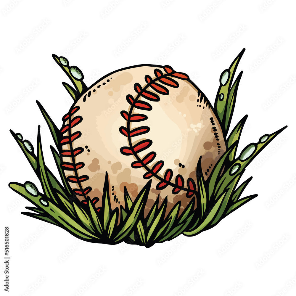 Baseball in the grass cartoon icon. Cute picturesque outline comic ...