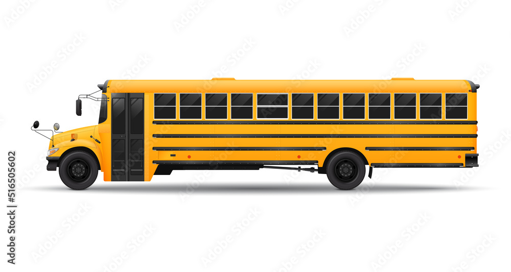 Classic yellow school bus. Side view isolated on white background ...