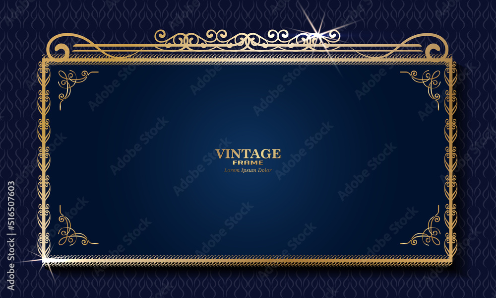 blue background with gold patterned border frame, vintage and luxury ...