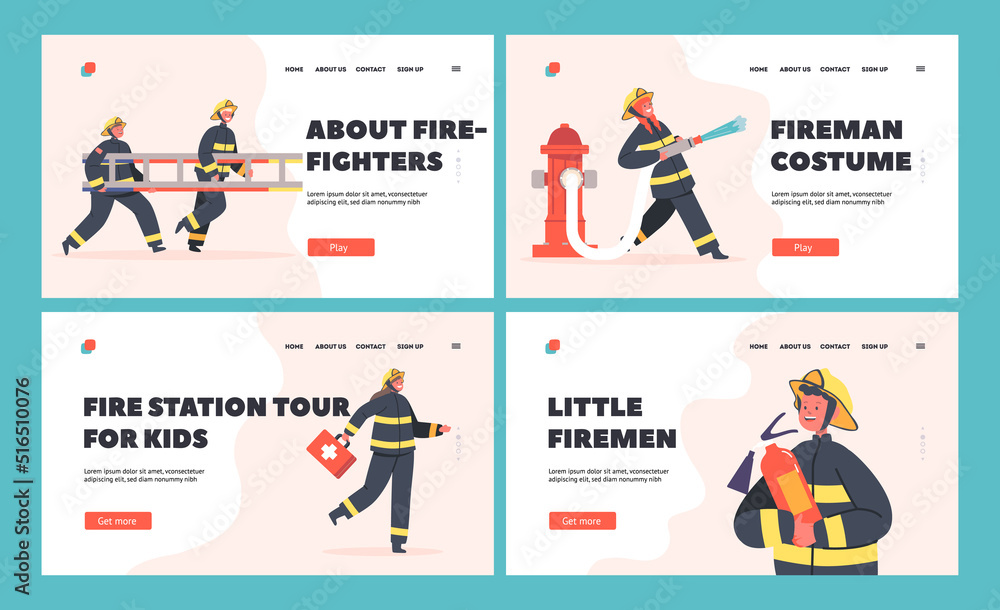 Children Fire Fighters Landing Page Template Set. Kids Characters in ...