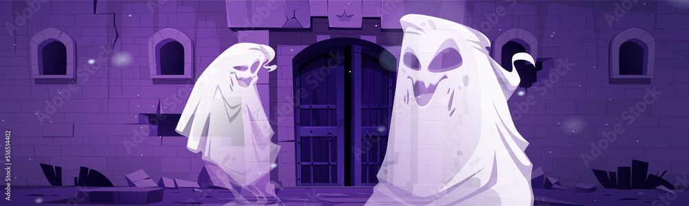 Spooky ghosts near abandoned castle gates at night. Cartoon Halloween ...