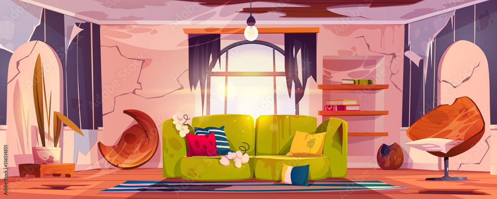 Old dirty living room with broken furniture. Vector cartoon ...