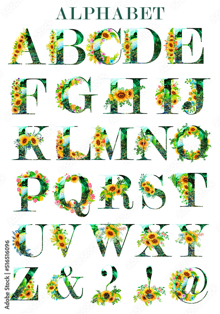 Watercolor collection of romantic green letters with hand drawn ...