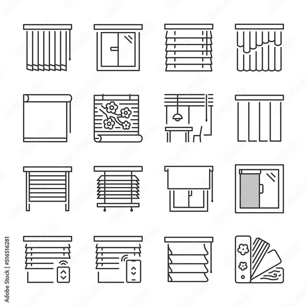 Vetor de Window blinds icons set. Statutory different types of blinds ...