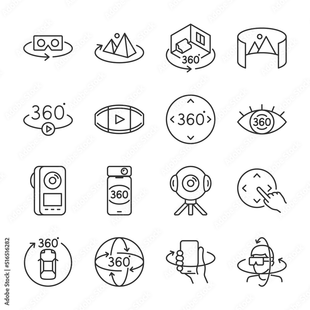 360-degree view icons set. Content and devices for a complete overview ...