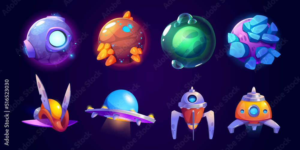 Alien spaceship, fantasy planets game icons vector set. Funny rockets ...