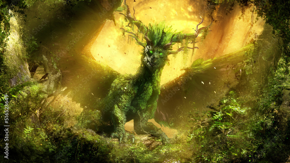 A mighty forest dragon stands majestically in the sunlight, in the ...