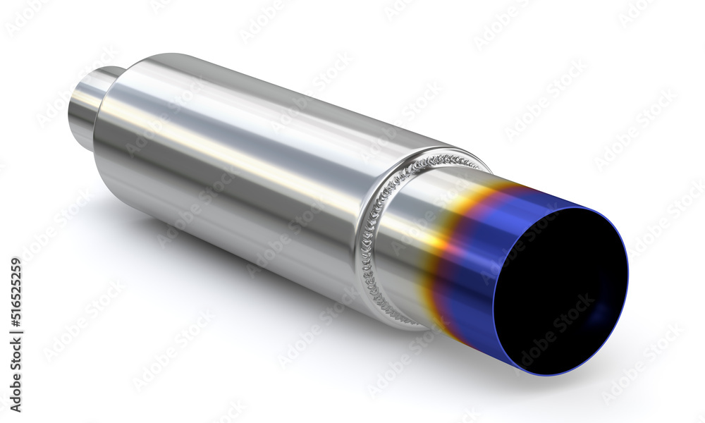 Steel free flow muffler, exhaust car pipe isolated on white background ...