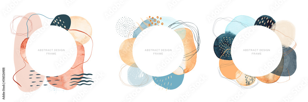 Set of abstract art round frame background. Watercolor spots, texture ...