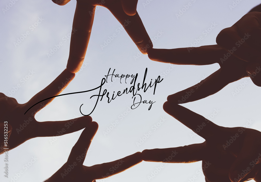 Happy friendship day with friends hand making star in the sky showing ...