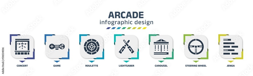 arcade infographic design template with concert, game, roulette ...