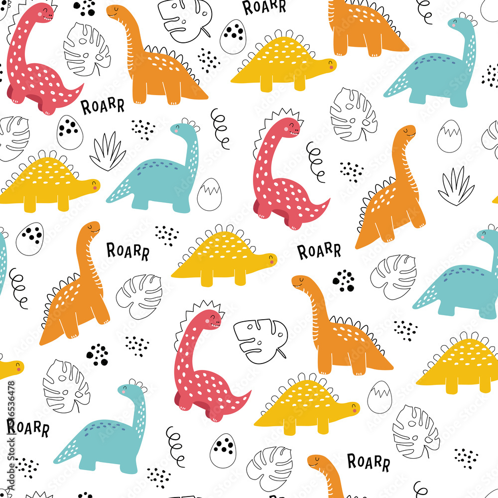 Hand drawn vector pattern with dino. Seamless pattern with dinosaurs, roar lettering, tropical ...
