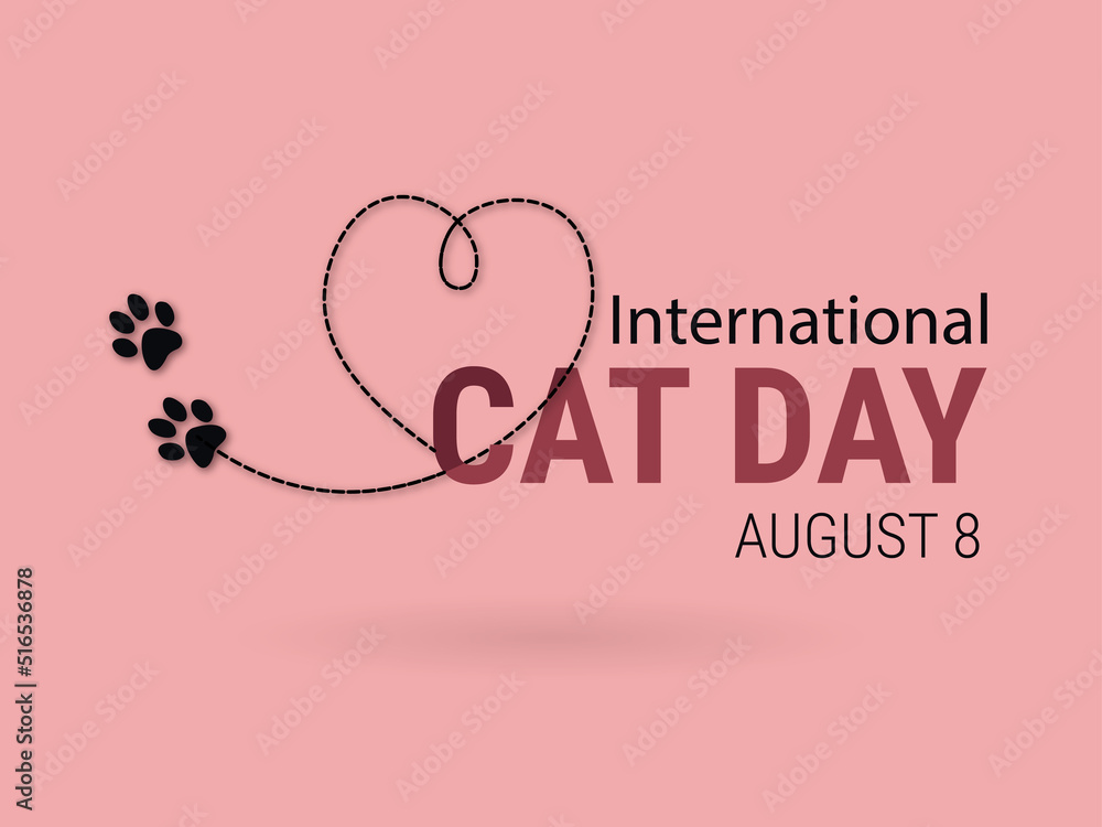 International Cat Day August 8.Cat paw prints and dotted line heart on ...