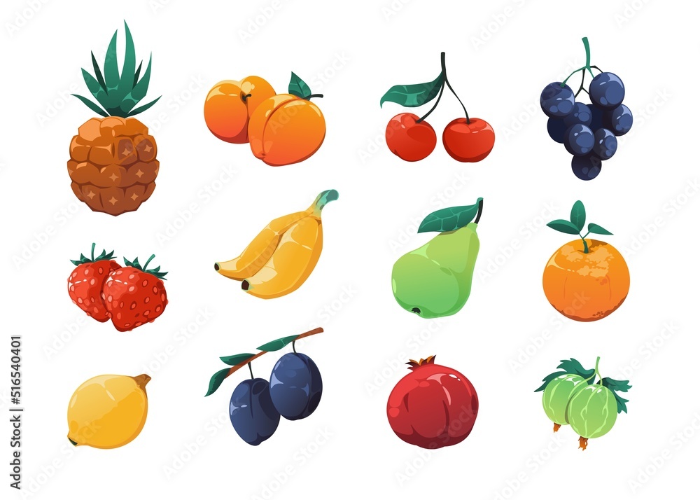 Fruits game asset. Cartoon exotic organic fruits collection, 2D game ...