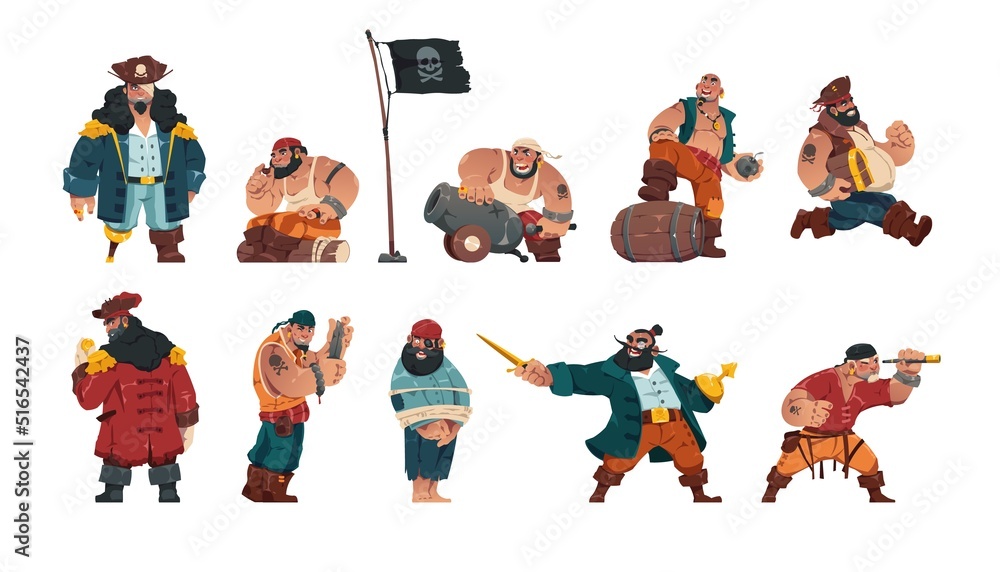 Pirate characters. Cartoon armed male bandit sailors, group fantasy ...