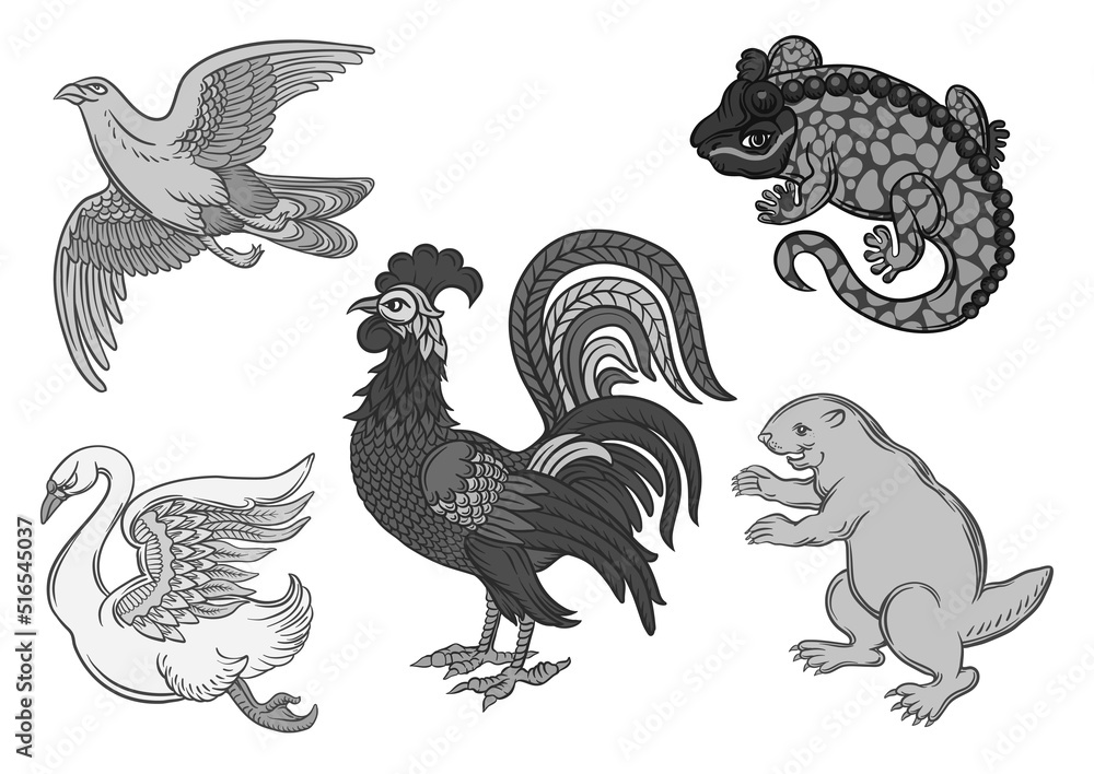 Symbolic heraldic animals and birds. Set off eagle, beaver, rooster ...