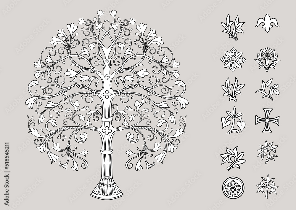 Byzantine traditional historical motifs of animals, birds, flowers and ...