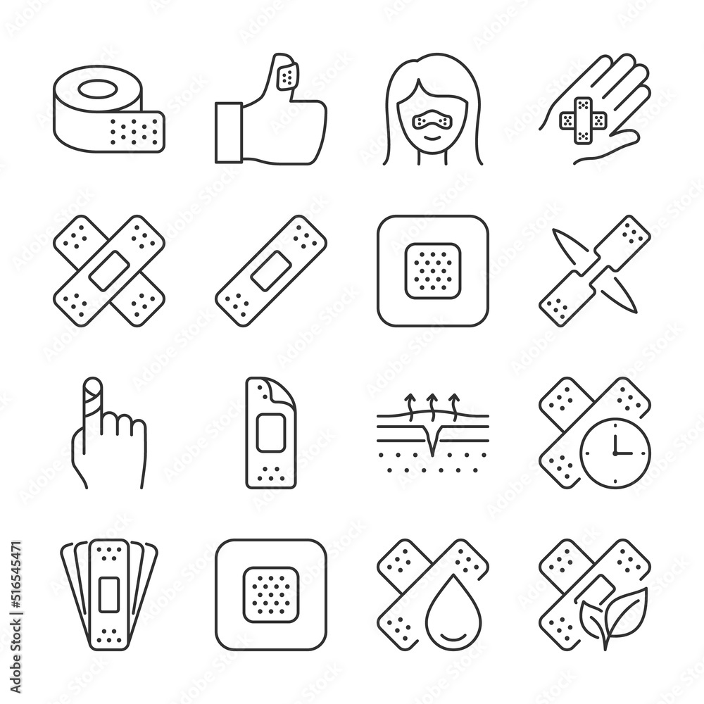 Patch icons set. Medical plaster for skin injuries and wounds, linear ...