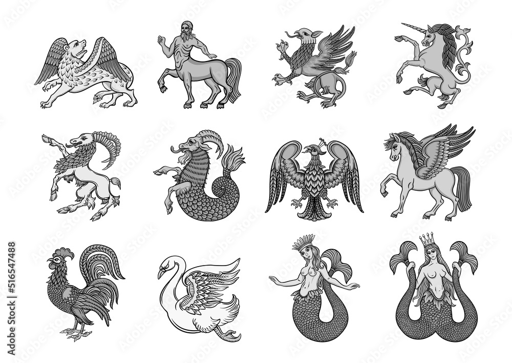 Heraldic mythical animals and creatures. Traditional character styles ...