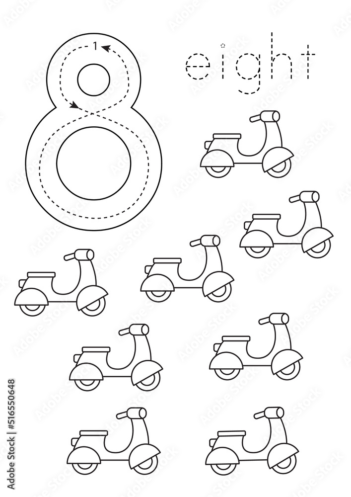 Flashcard number 8. Preschool worksheet. Black and white transport ...