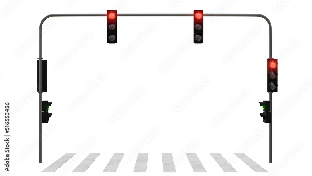 Red Traffic lights and crosswalk. Orthographic Front view on a white ...