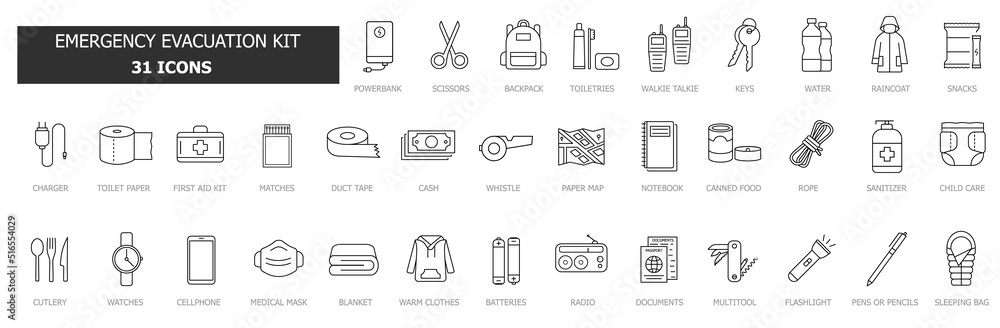 Vector objects set on white background of survival emergency kit for ...