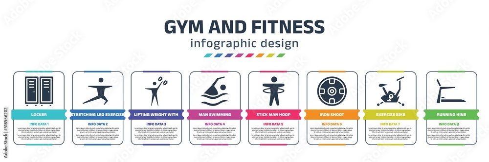 gym and fitness infographic design template with locker, stretching leg ...