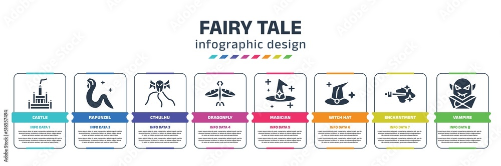 fairy tale infographic design template with castle, rapunzel, cthulhu ...