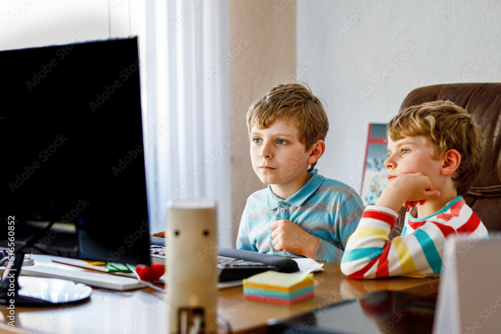 Two little kids boys playing computer games on desktop pc. Modern ...